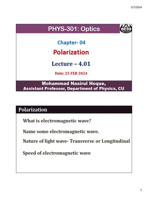 Polarization Of Light Mnh Class Lecture Pdf Polarization Waves Light