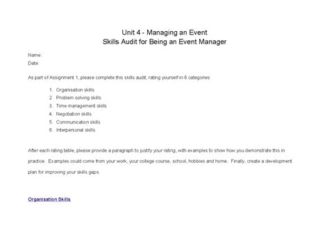 Skills Of An Event Organiser P2 M1 D1 Unit 4 Managing An Event Skills Audit For Being An