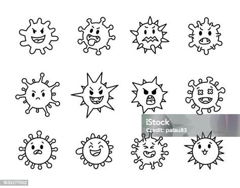 바이러스 Kawaii 색칠 공부 페이지 세균 감염과 미생물의 귀여운 만화 캐릭터 손으로 그린 스타일입니다 벡터 그리기 디자인 요소 모음 가공의 인물에 대한 스톡 벡터 아트