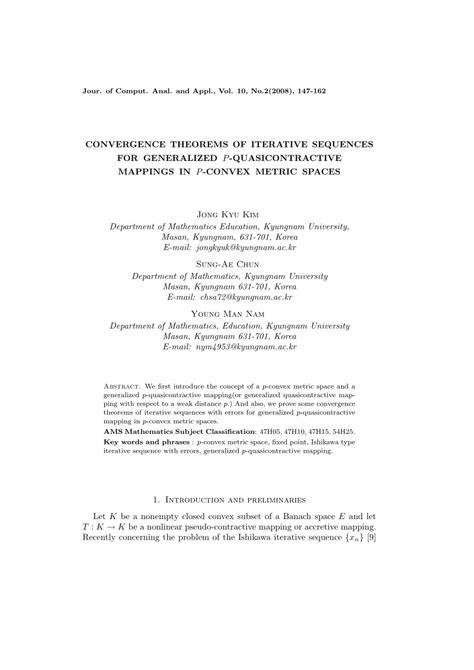 Pdf Convergence Theorems Of Iterative Sequences For Generalized P Quasicontractive Mappings In