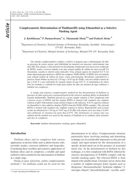 Pdf Complexometric Determination Of Thalliumiii Using Ethanethiol As A Selective Masking Agent