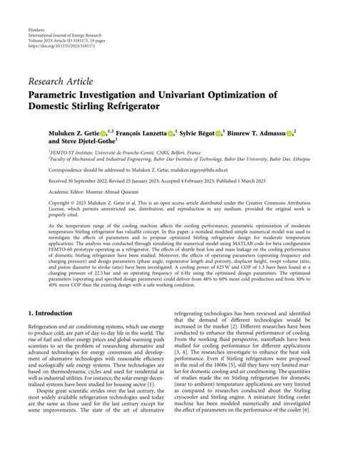 Pdf Parametric Investigation And Univariant Optimization Of Domestic Stirling Refrigerator
