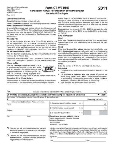 Form Ct W3 Hhe Connecticut Annual Reconciliation Of Withholding For Household Employers 2011