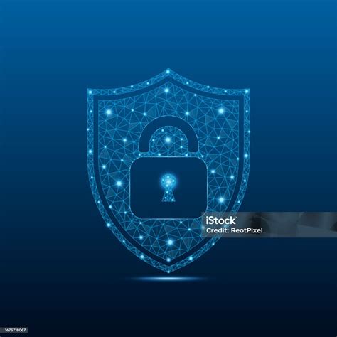 방패 다각형 기호입니다 데이터 보호 개념입니다 기하학적 배경에 빛나는 낮은 폴리 방패가 있는 사이버 보안 개념 바이러스 백신 개념 사이버 방패 인터넷 안전 디자인 그림 0