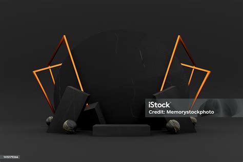 검은 색 배경에 검은 대리석 원 연단 신제품 프로모션 세일 배너 프리젠 테이션 화장품 컨셉 장면 무대 쇼케이스 복사 공간 3d 일러스트 개인 장식품에 대한 스톡 사진 및