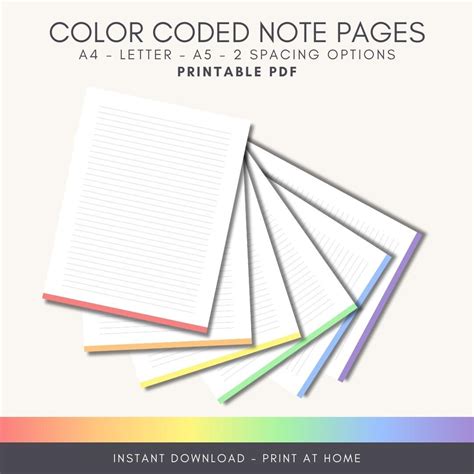Color Coded Rainbow Note Paper Printable Writing Paper Study Note Taking A4 A5 Instant