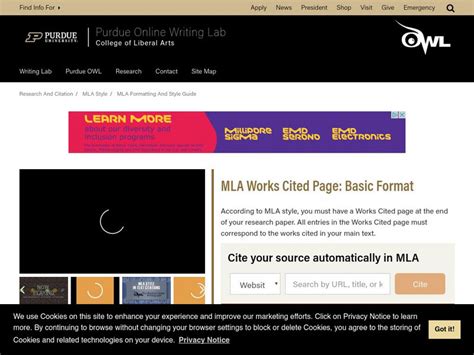 Purdue University Owl Mla Works Cited Page Basic Format Handout For