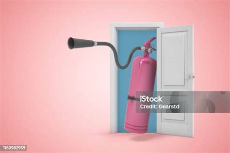 분홍색 카피 스페이스 배경에 열린 문에서 나오는 큰 분홍색 소화기의 3d 렌더링 분홍에 대한 스톡 사진 및 기타 이미지 분홍 소화기 0명 Istock