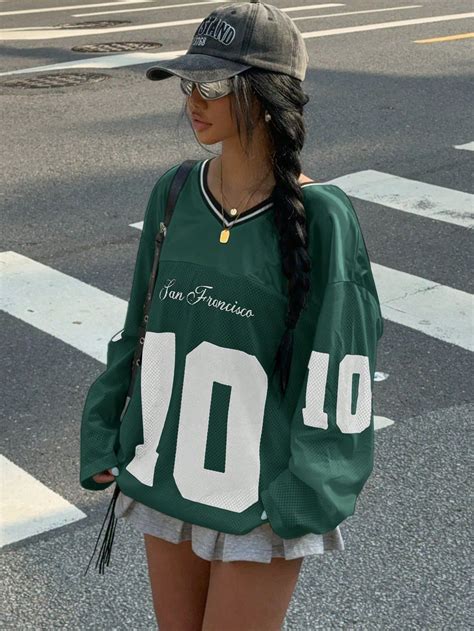 여성용 새로운 브이넥 캐주얼 스포츠 보이프렌드 스타일 레터 And 그래픽 패치워크 오버사이즈 루즈핏 모스 그린 긴팔 티셔츠 캐주얼 긴팔 브이 넥