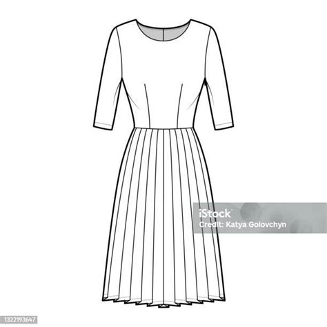 팔꿈치 소매 몸에 맞는 무릎 길이 스커트와 주름 장식 기술 패션 일러스트 플랫 의류 전면 0명에 대한 스톡 벡터 아트 및 기타 이미지 Istock