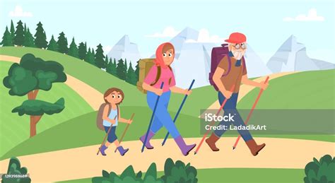 가족 하이킹 자연 숲 산책로 휴일에 스포츠 캠프 여행 사람들은 야외 세계를 탐험합니다 배낭을 가진 관광객 괜찮은 벡터 장면