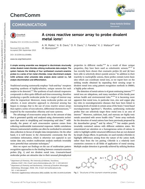 Pdf A Cross Reactive Sensor Array To Probe Divalent Metal Ions