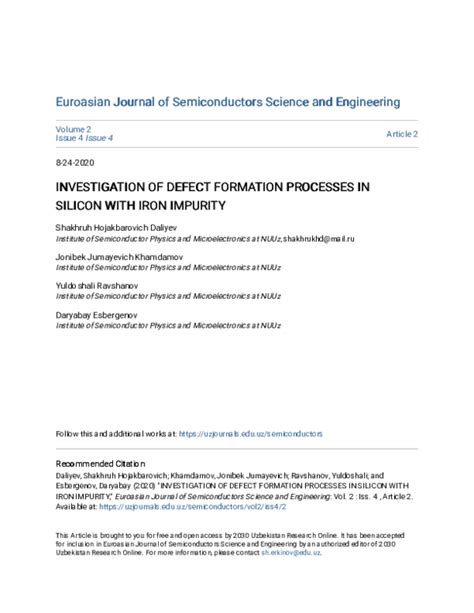 Pdf Investigation Of Defect Formation Processes In Silicon With Iron Impurity