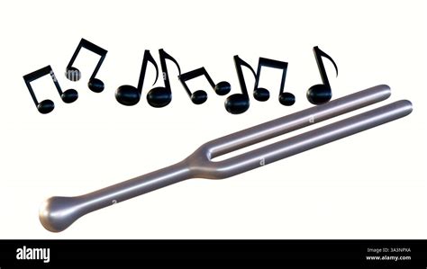 A 3d Rendering Of Tuning Fork And Floating Black Musical Notes In The White Background Stock