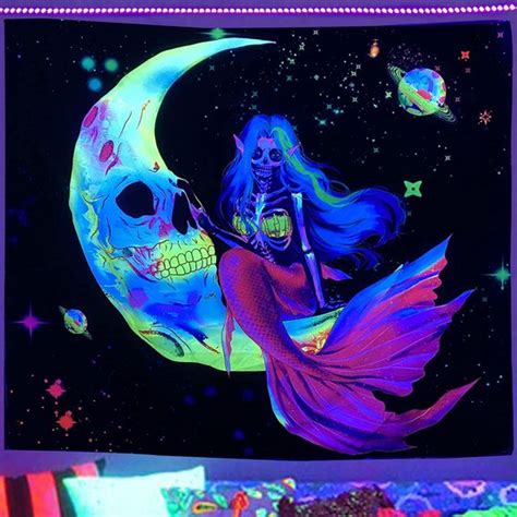 Ulticool Zeemeermin Maan Skelet Planeten Glow In The Dark Tapestry