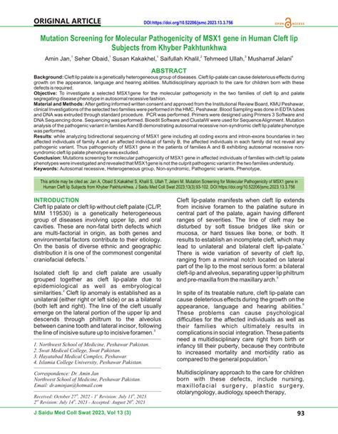 Pdf Mutation Screening For Molecular Pathogenicity Of Msx1 Gene In Human Cleft Lip Subjects