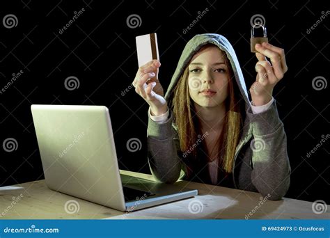 Hacker Girl Holding Credit Card Violating Privacy Holding Credit Card