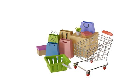 쇼핑 백 소포 상자 카트 식물 냄비 풍선 흰색 라벨 3d 렌더 일러스트레이션 0명에 대한 스톡 사진 및 기타 이미지 0명 3차원 형태 Brand Name Smart