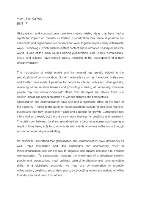 Globalization Essay Albert Jhun Cañedo Bsit 1f Globalization And
