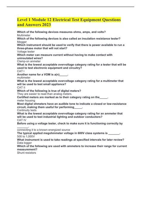 Level 1 Module 12 Electrical Test Equipment Questions And Answers 2023 Nccer Stuvia Us