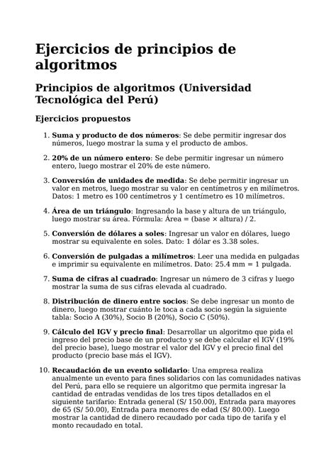 Ejercicios de Principios de Algoritmos Ejercicios de Diseño de Algoritmos Docsity