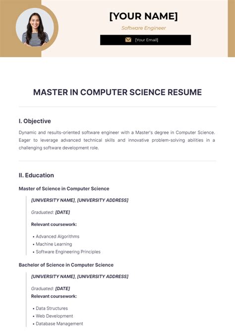 Free Masters In Computer Science Resume Template To Edit Online