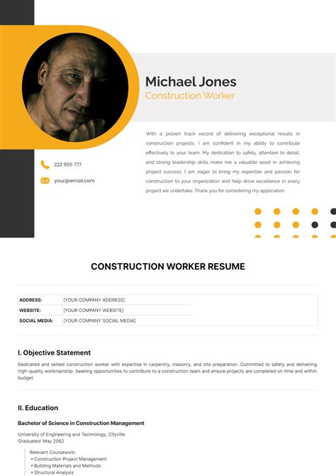 Construction Worker Resume Template Edit Online And Download Example