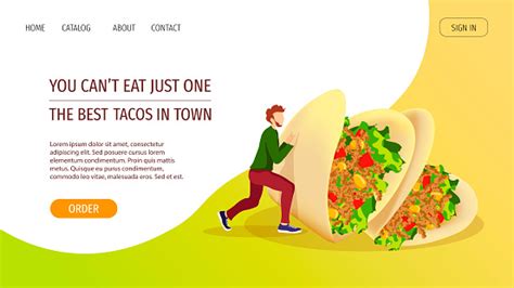 패스트 푸드 타코 요리 음식 주문 멕시코 요리에 대한 웹 페이지 디자인 템플릿 고기 토마토 양상추 옥수수와 거대한 타코와 작은 남자 건강한 식생활에 대한 스톡 벡터 아트 및