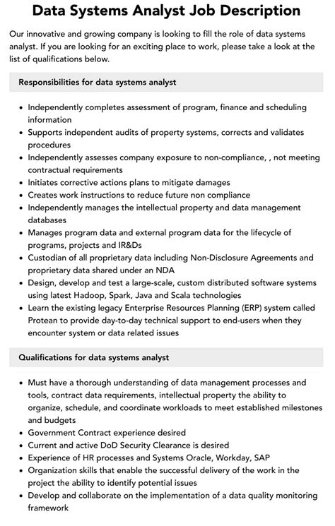 Data Systems Analyst Job Description Velvet Jobs