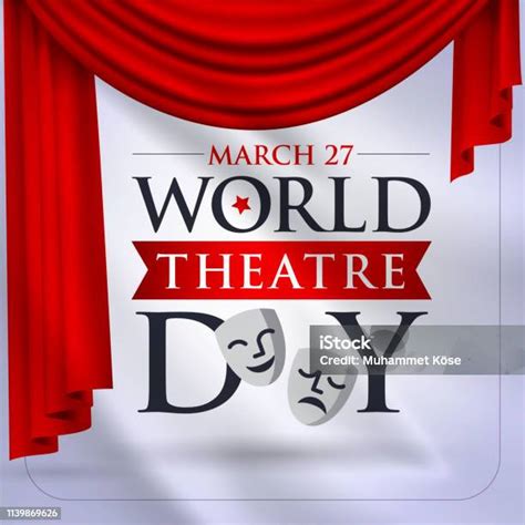 27 마트 두 야 티야롤라 구 귀 번역 3 월 27 일 세계 극장의 날 커튼 및 빨간 벨벳 커튼 연극 마스크와 장면 개념 인사말 카드 템플릿 벡터 일러스트입니다 3월에 대한