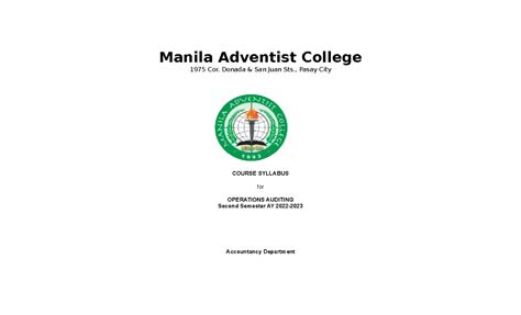 Cme 102 Syllabus Operations Auditing Ay 2022 2023 Manila Adventist College 1975 Cor Donada