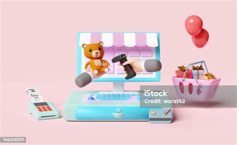 바코드 스캐너 Pos 터미널 전자 청구서 지불 가격표 분홍색 배경에 격리된 선물 상자 3d 그림 또는 3d 렌더링을 들고 있는 금전 등록기 기계 3차원 형태에 대한 스톡