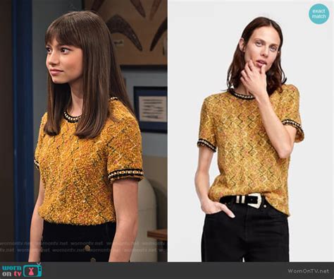 Wornontv Mollys Yellow Tweed Top And Wide Leg Pants On No Good Nick