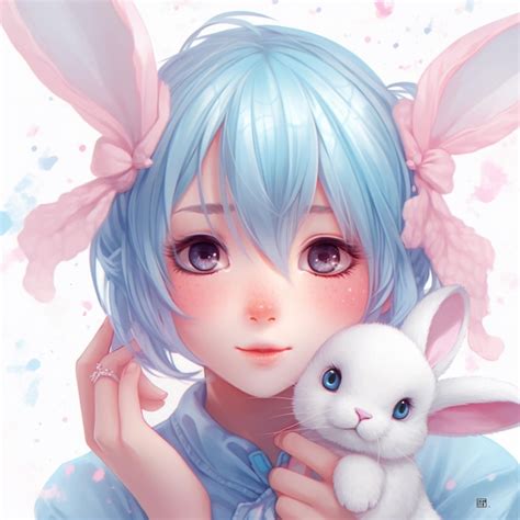 Premium Ai Image Anime Girl With Blue Hair Holding A White Bunny In