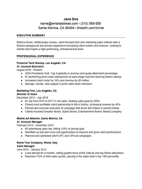 Ziprecruiter Resumetemplate Experienced Download Free Pdf Sales Startup Company