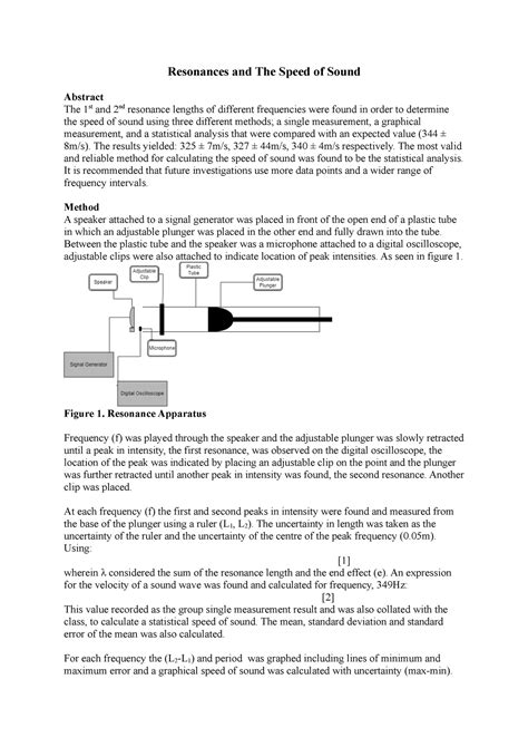 PHYS Lab Report Wk Resonances And The Speed Of Sound Abstract The St And Nd Resonance