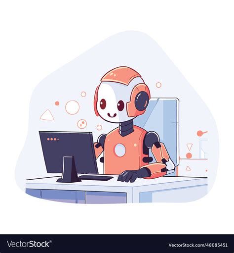 Cute Robot Sitting At An Office Desk In Corporate Vector Image