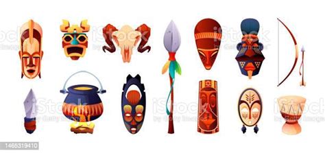 아프리카 의식 마스크 만화 고대 의식 부족 상징 전통적인 아프리카 줄루 원주민 부두교 종교 얼굴 모양의 토템 우상 벡터 컬렉션 북에 대한 스톡 벡터 아트 및 기타 이미지