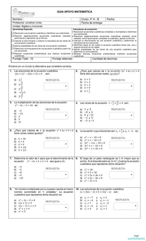 Hoja De Trabajo Para Resolver Ecuaciones Cuadráticas Mediante Fórmula Cuadrática