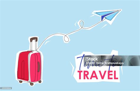 여행 가방의 스티커 종이 계획 및 선형 아트 스타일의 글자 연속적인 한 줄의 그리기 빨간 케이스 수하물 가방 종이 비행기의 단일