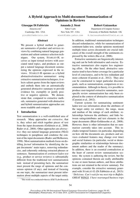 Pdf A Hybrid Approach To Multi Document Summarization Of Opinions In Reviews