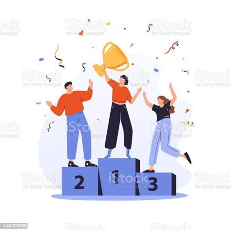 연단에 서있는 사람들은 처음 3 위를 차지하고 트로피 캡으로 공중에 뛰어 오릅니다 직원 표창 꼭대기에 대한 스톡 벡터 아트 및