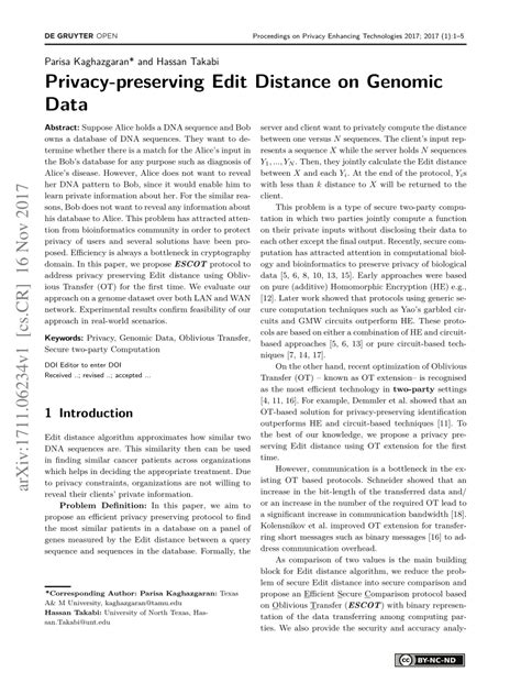 Pdf Privacy Preserving Edit Distance On Genomic Data