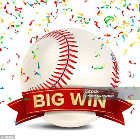 야구 수상 벡터입니다 레드 리본입니다 큰 스포츠 게임 승리 배너 배경입니다 흰 공 붉은 바늘입니다 떨어지는 색종이 현실적인 격리 된 그림 1위에 대한 스톡 벡터 아트 및
