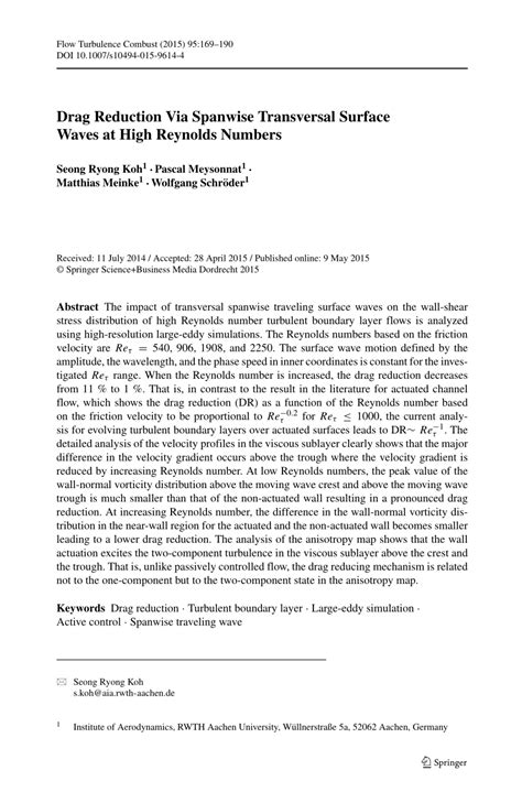 Pdf Drag Reduction Via Spanwise Transversal Surface Waves At High