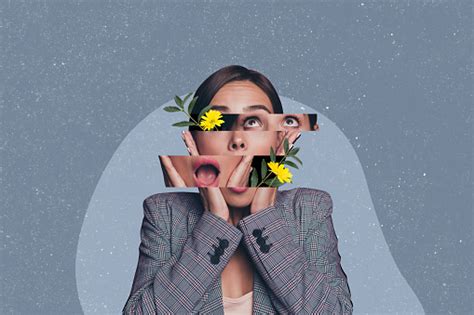 사진 콜라주 크리 에이 티브 그림 젊은 비명을 지르는 여자 얼굴 조각 컷 아웃 데이지 노란색 꽃 정신 질환 정신 요법 20 24세에 대한 스톡 사진 및 기타 이미지 Istock