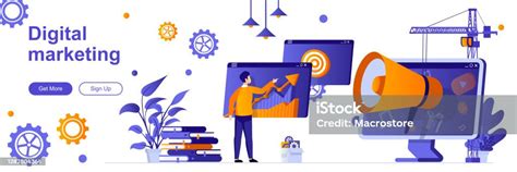 사람과 디지털 마케팅 방문 페이지 소셜 미디어 및 웹 콘텐츠 프로모션 웹 배너 Smm 및 Seo 기술 벡터 일러스트레이션 개념에 대한 스톡 벡터 아트 및 기타 이미지