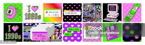 오래된 컴퓨터 미학 1980 년대 1990 년대 사각형 포스터 복고풍 Pc 요소가 포함 된 스티커 팩 픽셀 아트 배경 주제에 대한 스톡 벡터 아트 및 기타 이미지 Istock