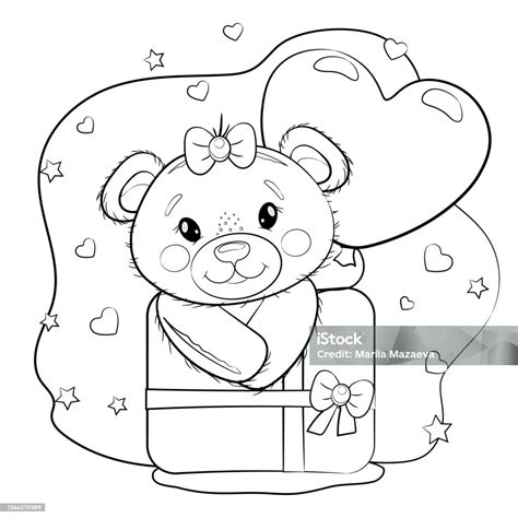하트 모양의 풍선과 선물로 착색 귀여운 테디 베어 소녀 하트가 있는 하얀 배경에 테디 베어 발렌타인 데이 또는 생일에 대한 벡터 만화 개요 그림 0명에 대한 스톡 벡터 아트