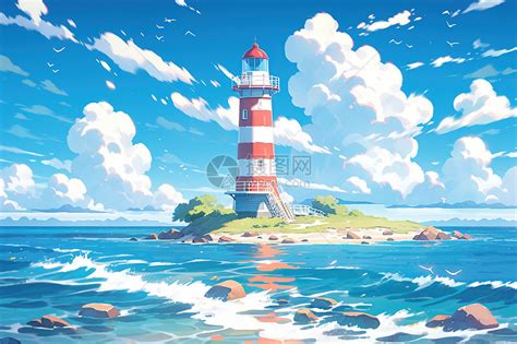 夏季海中央的灯塔夏天漫画插画图片下载 正版图片402497581 摄图网